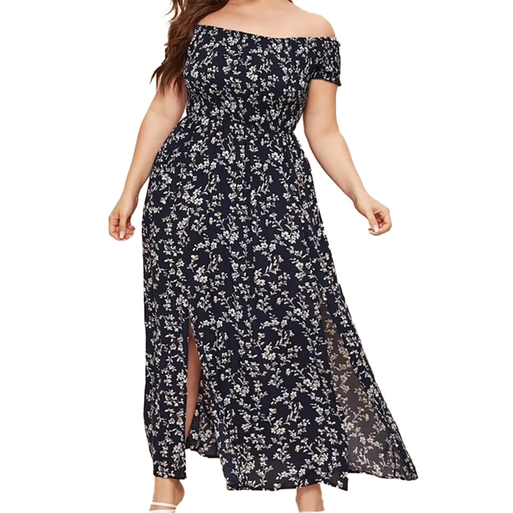 Pretty Comy Woman Split One Line Collar Plus Size Dress Off Shoulder ...