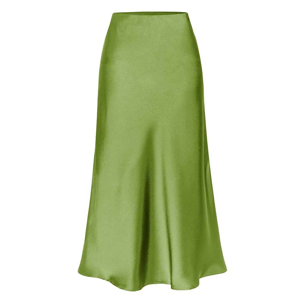 Pretty Comy Womens Midi Skirt High Waisted Solid Satin Dress Zipper ...