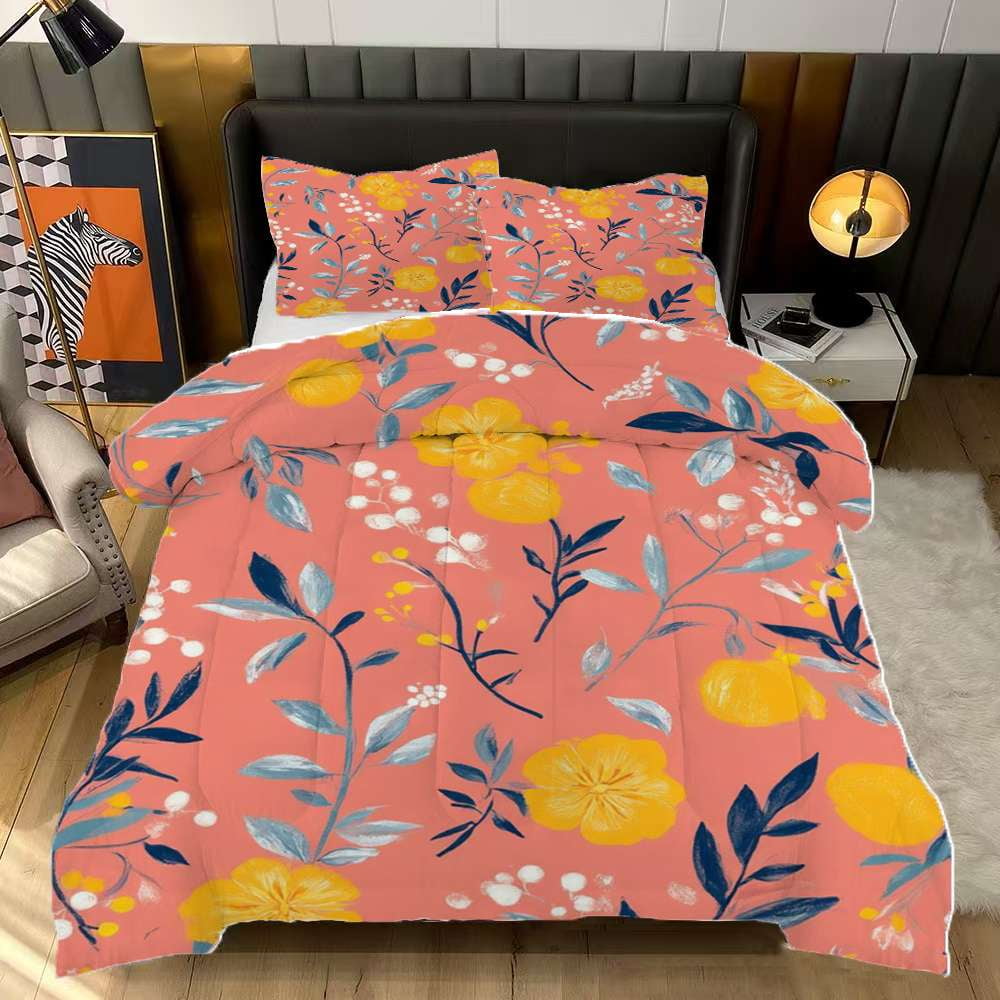 Pretty Coral Floral Summer Print Comforter Set Queen Size Bedding Set ...