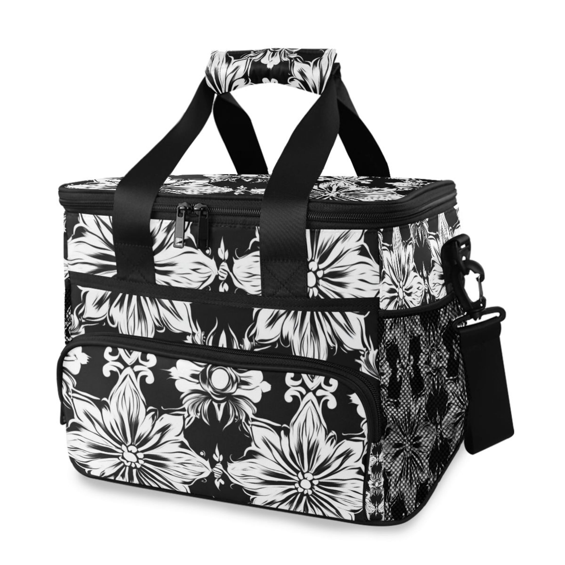 Pretty Floral Black and White Insulated Lunch Bag 15L Cooler Box for ...