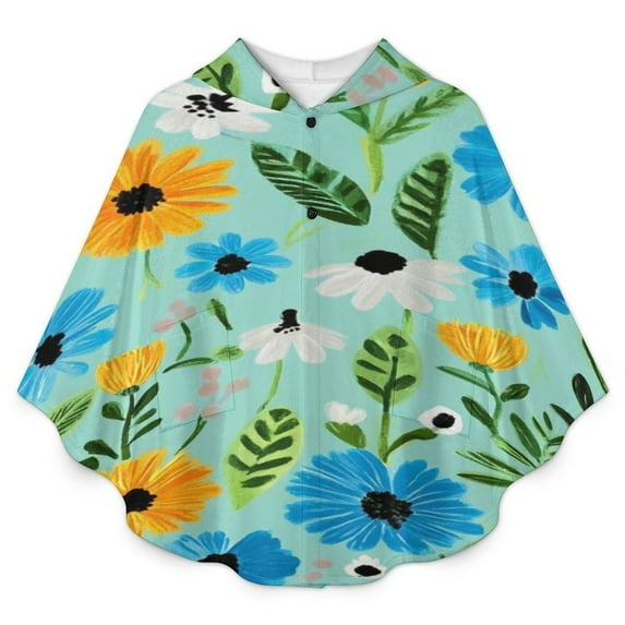 Pretty Floral Teal Painted Design Blanket Oversized Wearable Hooded ...