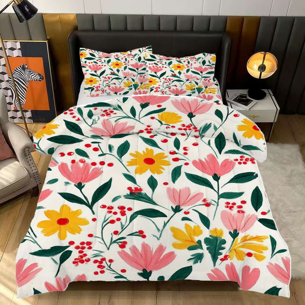 Pretty Floral White Background Design Comforter Set Full Size Bedding ...