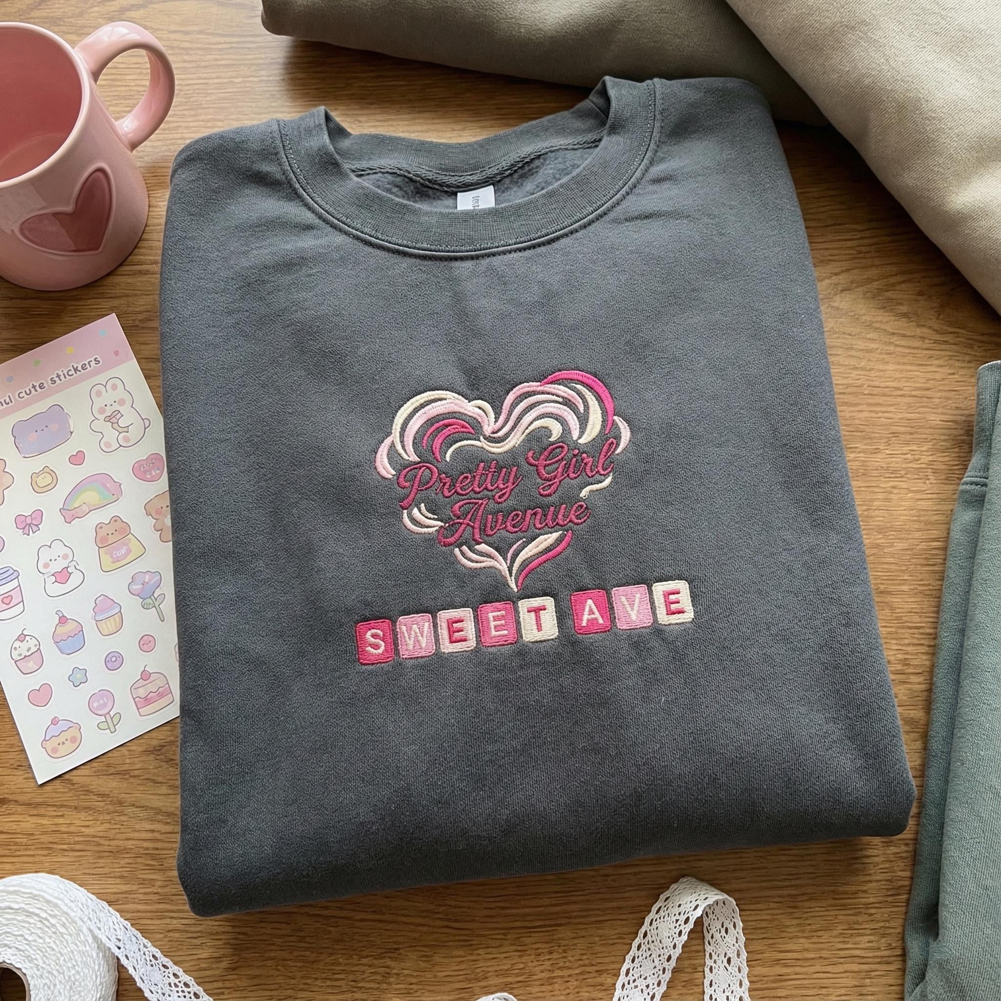 Pretty Girl Avenue Sweet Ave Embroidered Sweatshirt, Pink Core Girly ...