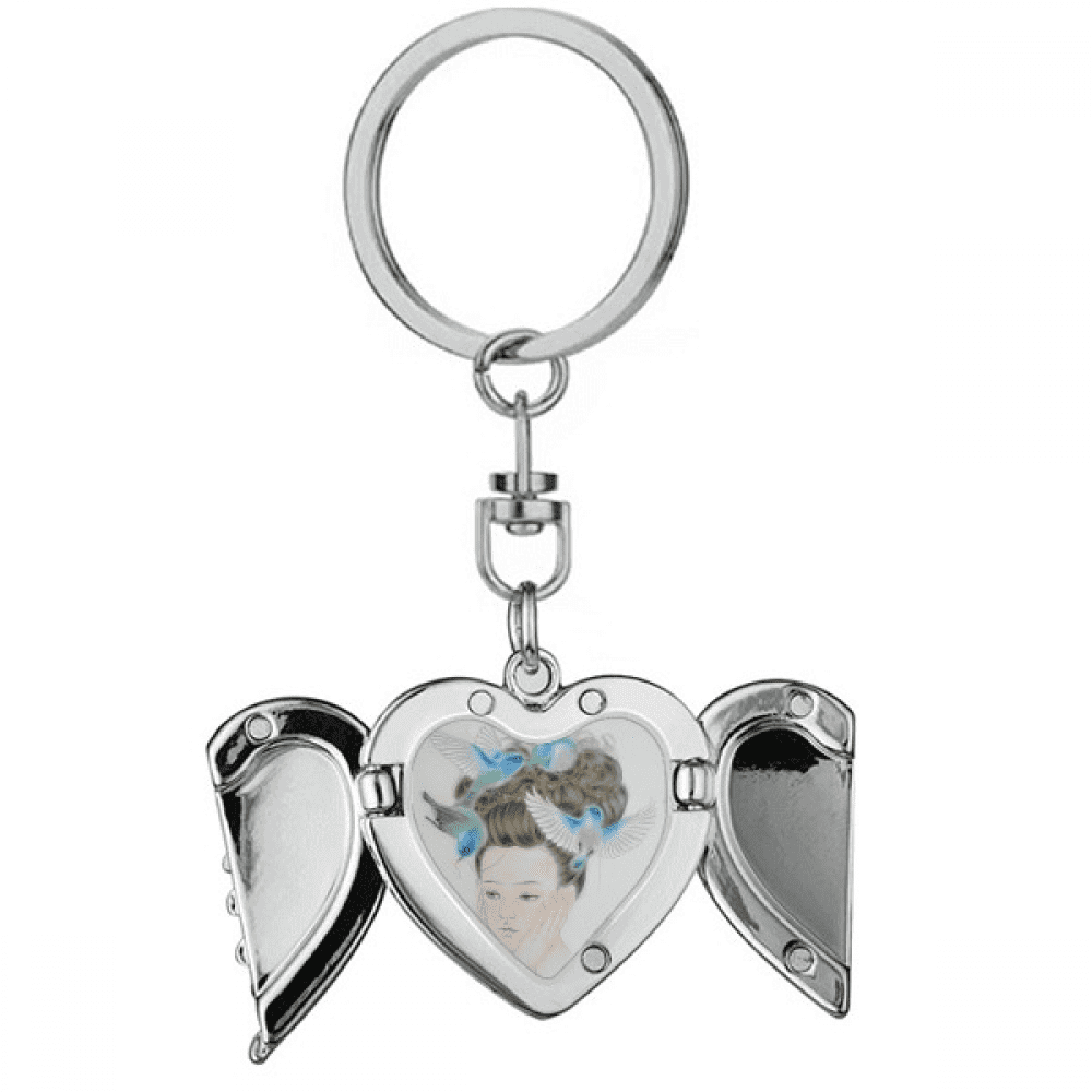 Pretty Girl Blue Bird Chinese Painting Heart Angel Wing Key Chain ...