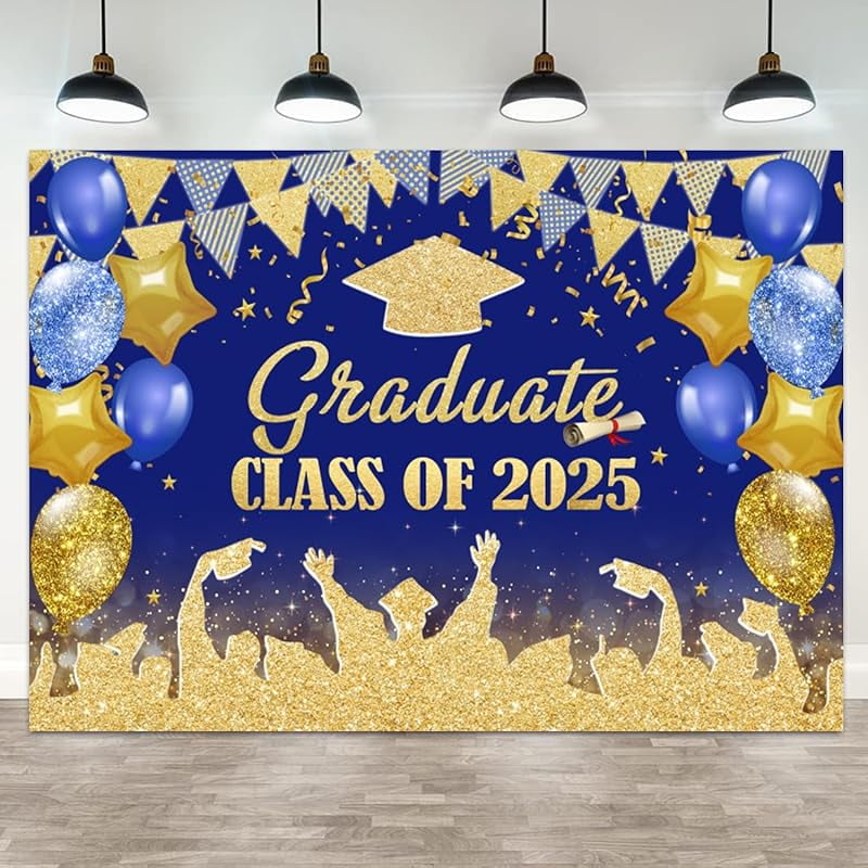 Pretty Graduation Backdrop 2025 Blue Gold Graduation Prom Photography ...