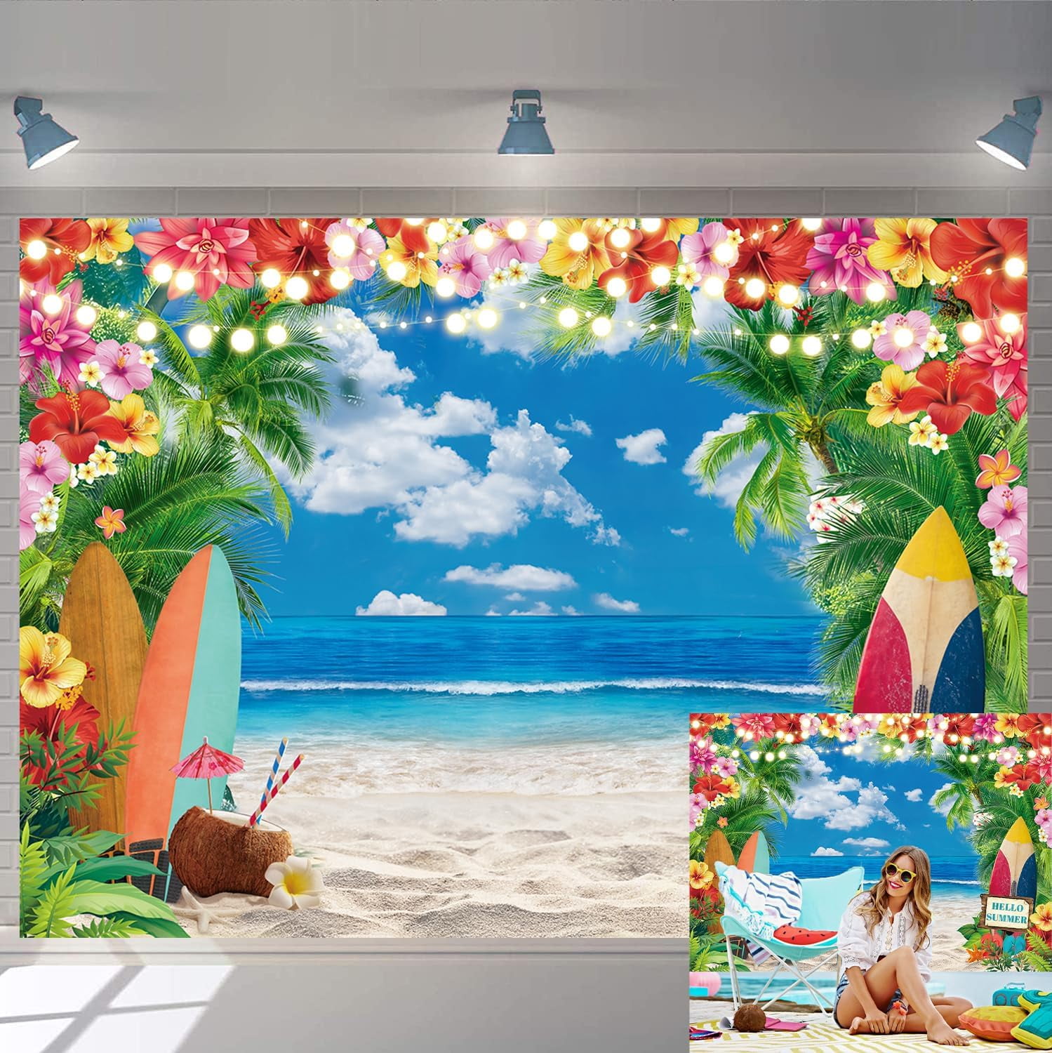 Pretty Hawaiian Beach Party Backdrop Summer Ocean Tropical Palm Flower ...