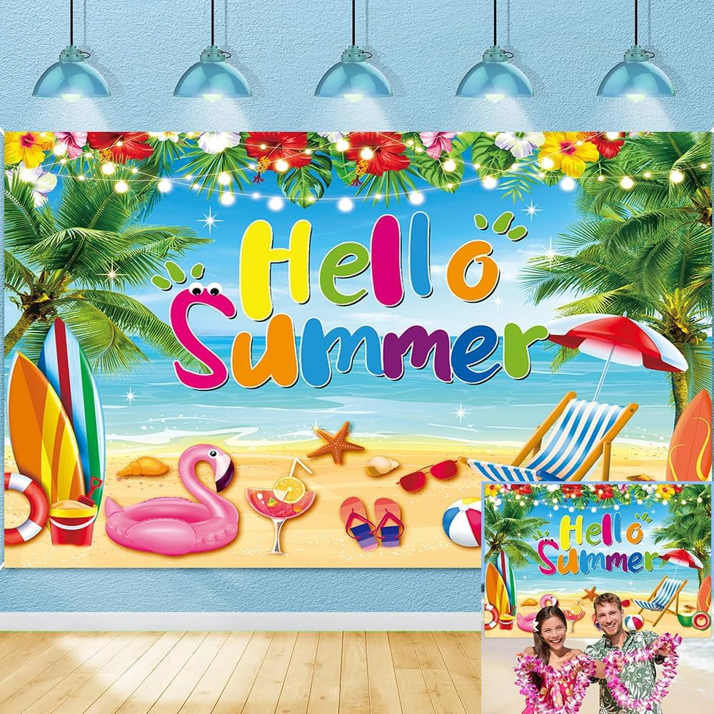 Pretty Hello Summer Backdrop Banner Hawaiian Seaside Beach Photography ...