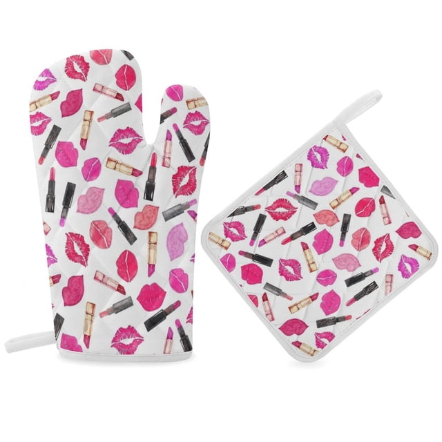 Pretty Lipstick Lip Prints Lipsticks Pattern Oven Gloves And Pots Stand ...