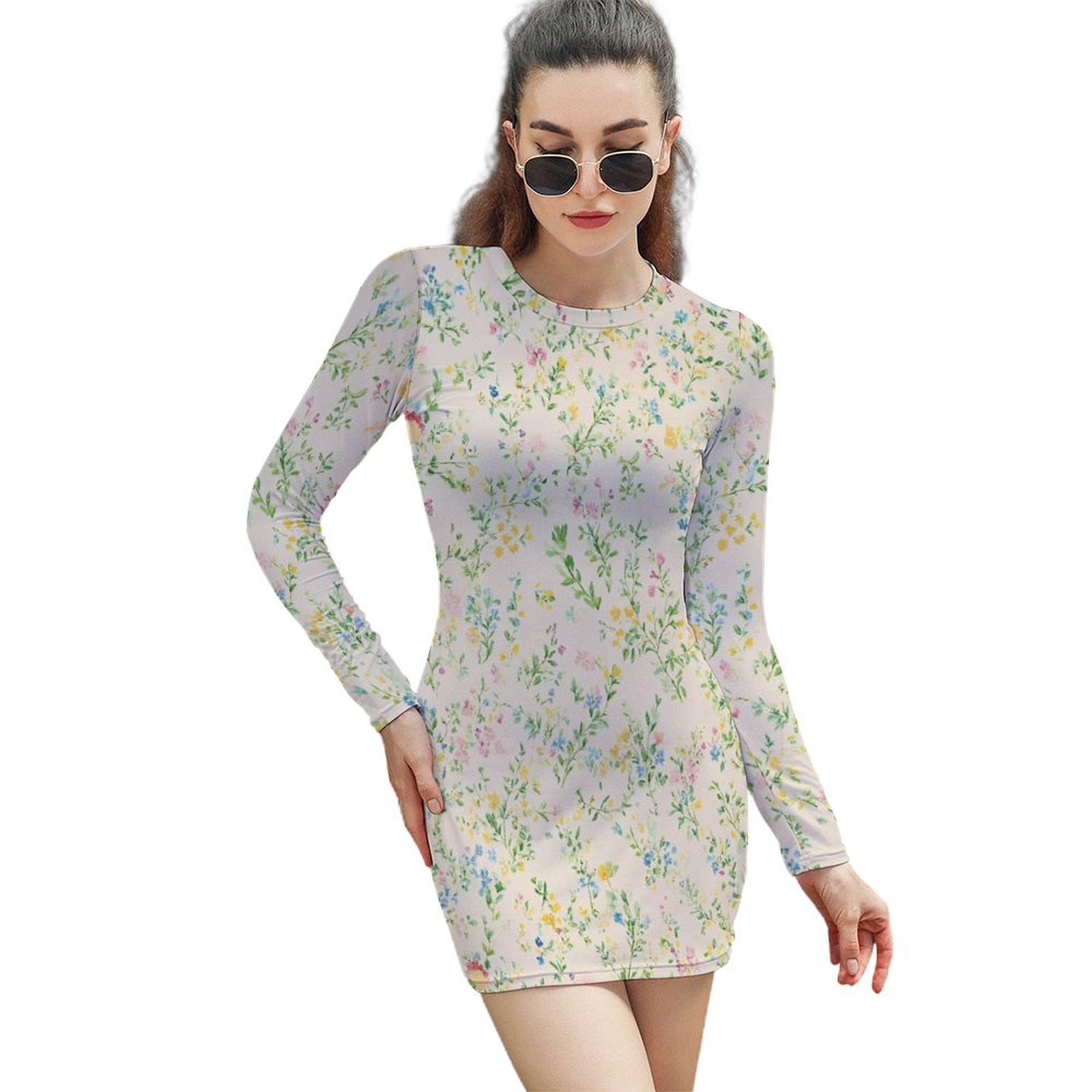 Pretty Pastel Floral Print Fabric Women's Long Sleeve Bodycon Dress ...
