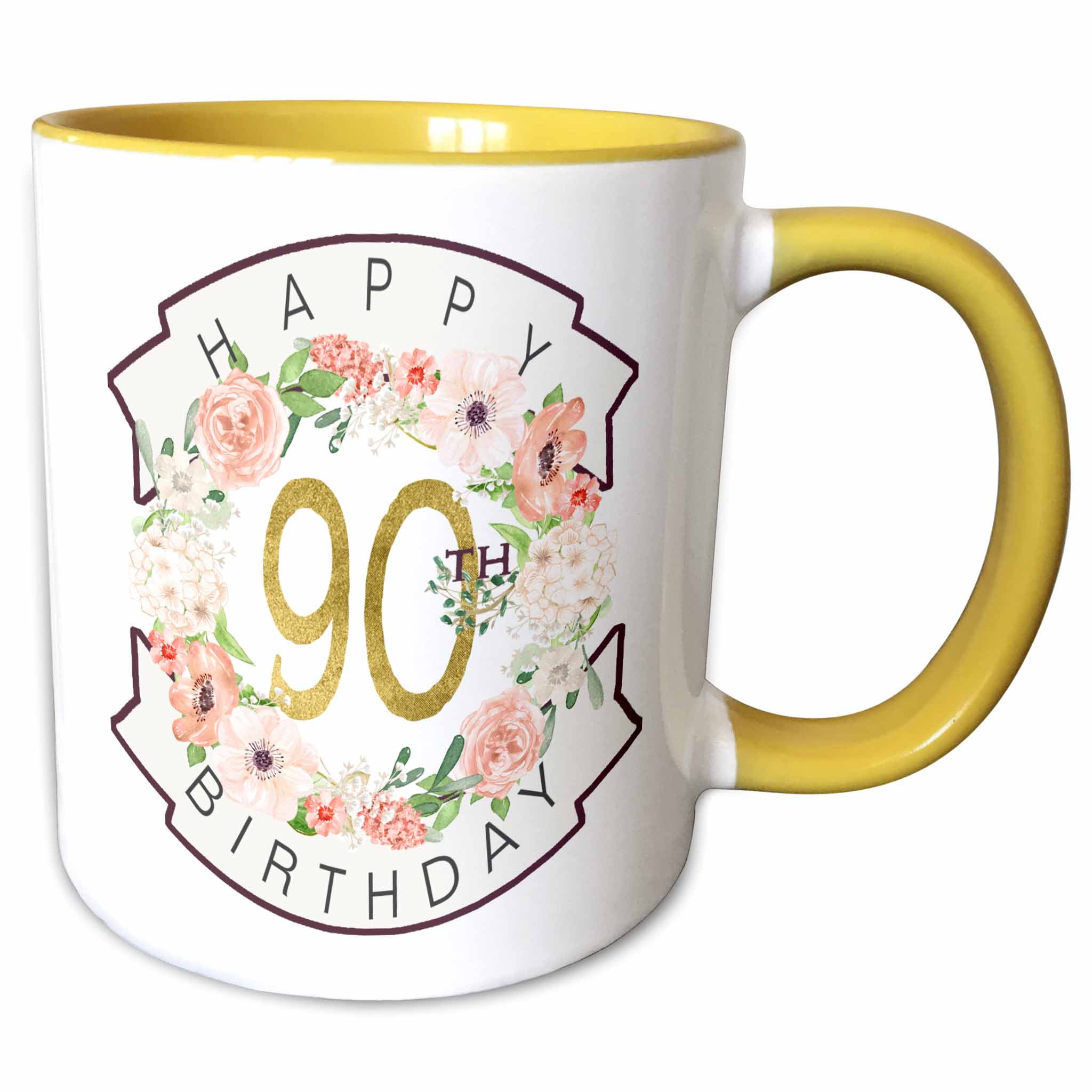 3drose, Pretty Peach Floral Wreath Happy 90th Birthday, 15oz Two-tone ...