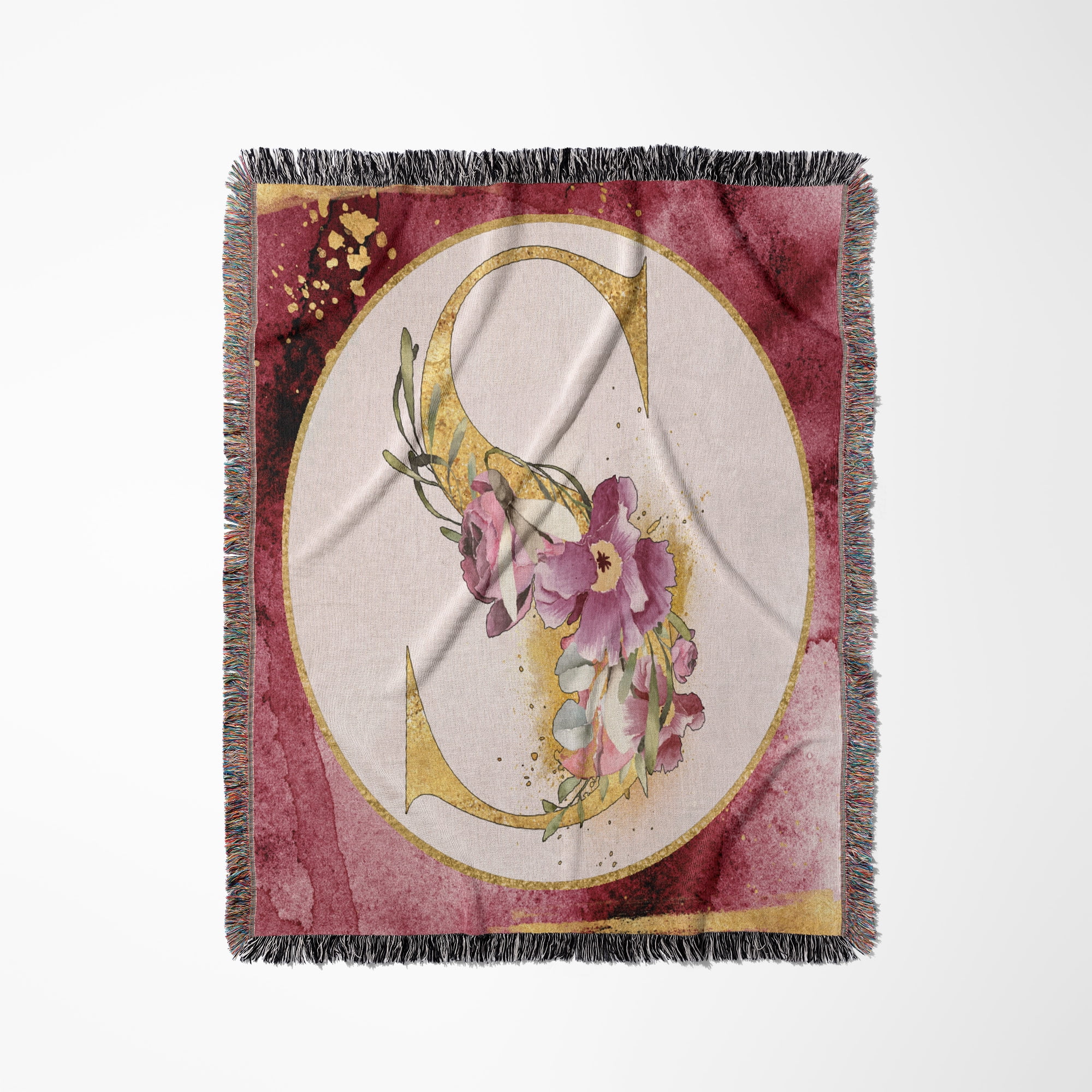 Pretty Pink And Purple Floral Image Of Gold Monogram Initial S, Woven ...