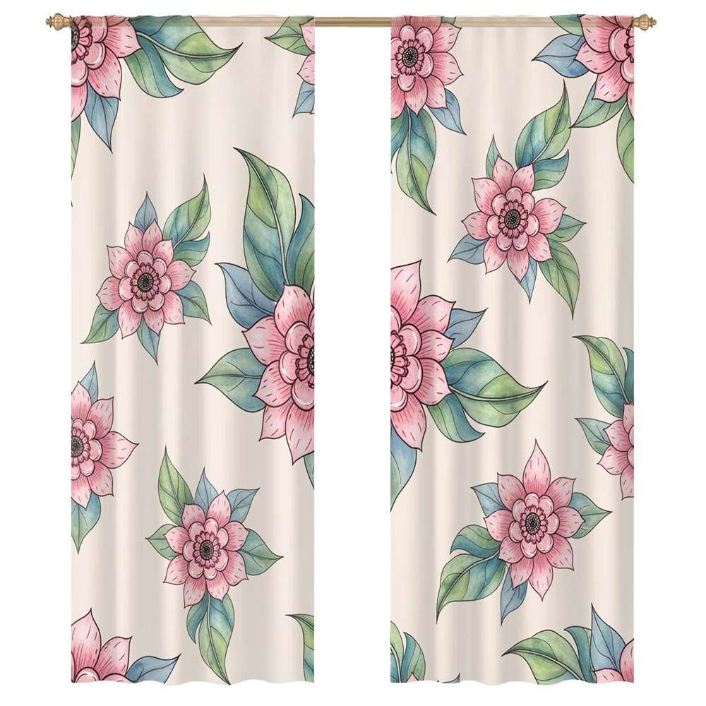 Pretty Pink Floral Pattern Tulle Curtains For Living Room Chiffon Sheer ...