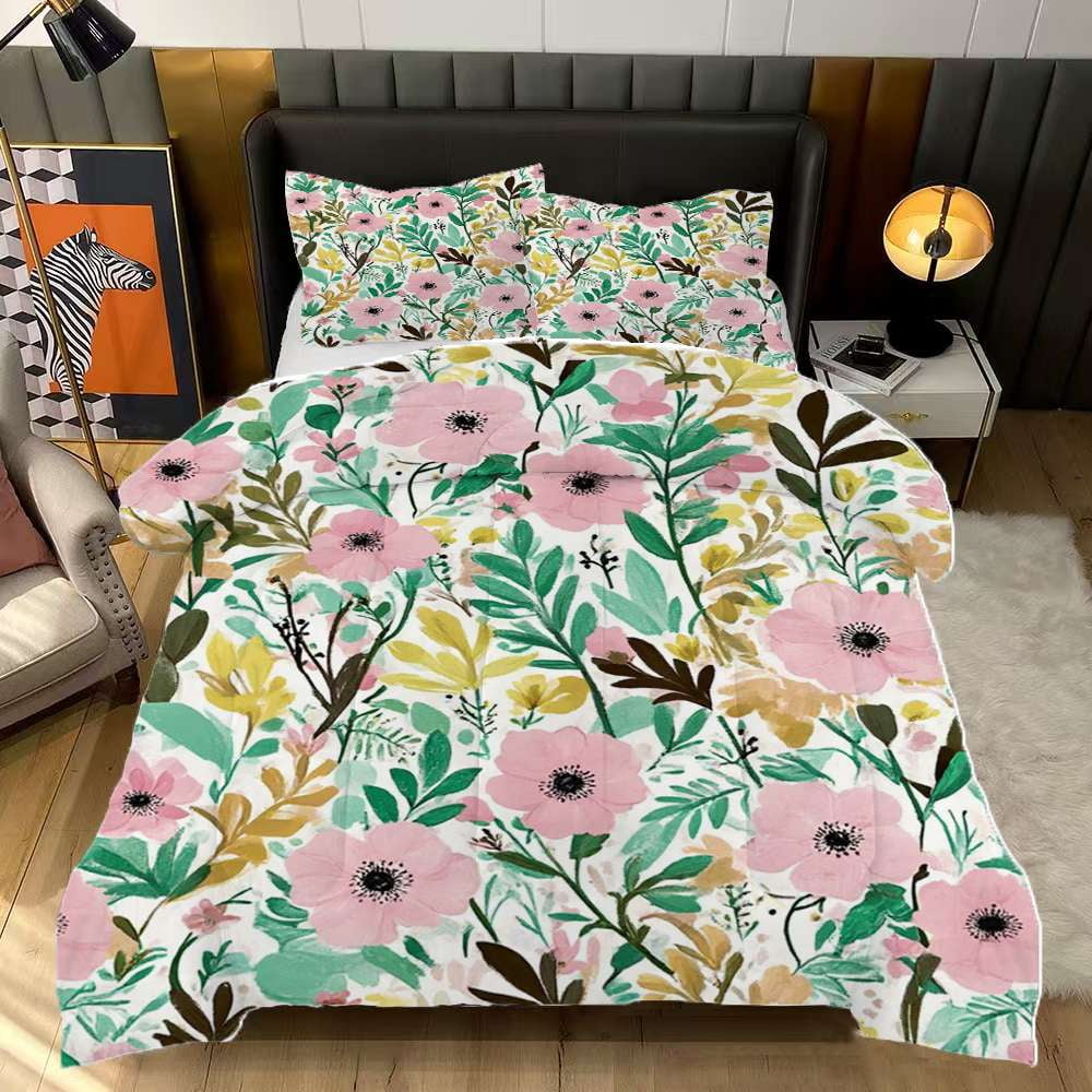 Pretty Pink Floral White Background Comforter Set Queen Size Bedding ...