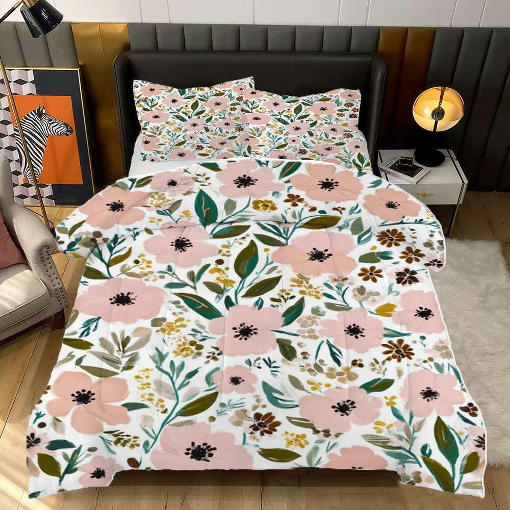 Pretty Pink Floral White Background Comforter Set Queen Size Bedding ...