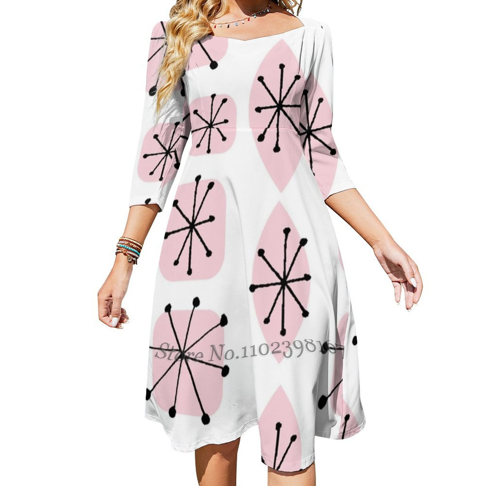 Pretty Pink Retro Design Square Neck Dress Sweet Summer Dress Women ...