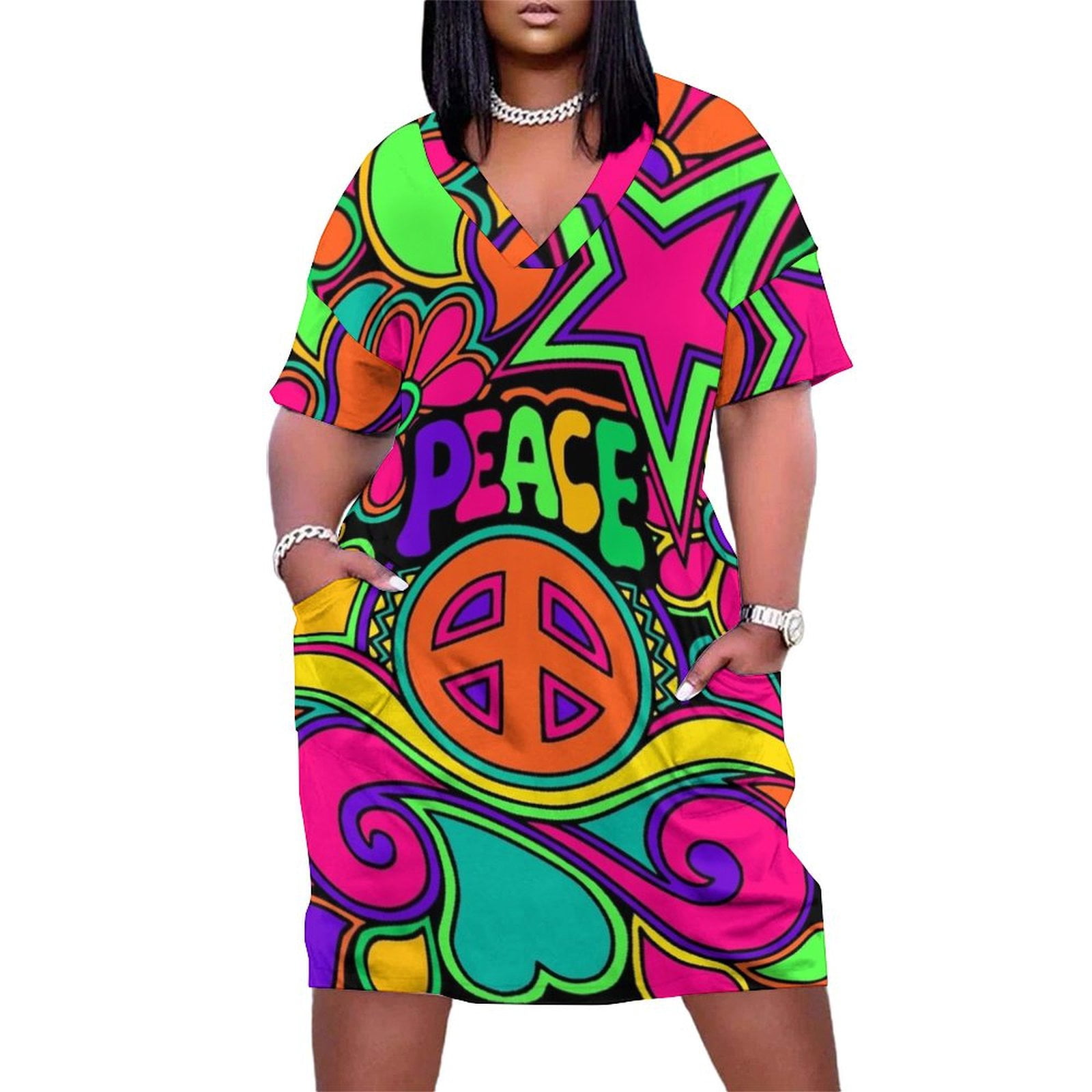 Pretty Pink n Colorful Hippy Trippy Design Loose Pocket Dress elegant ...