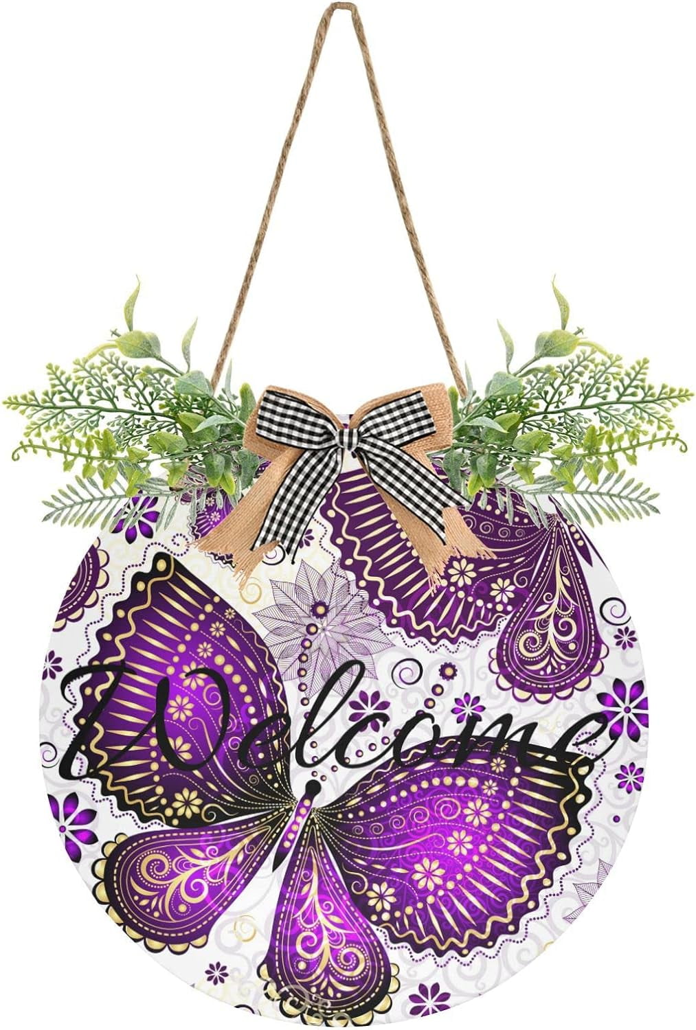 Pretty Purple Butterfly Welcome Sign for Front Door, Round Sign Hanging ...