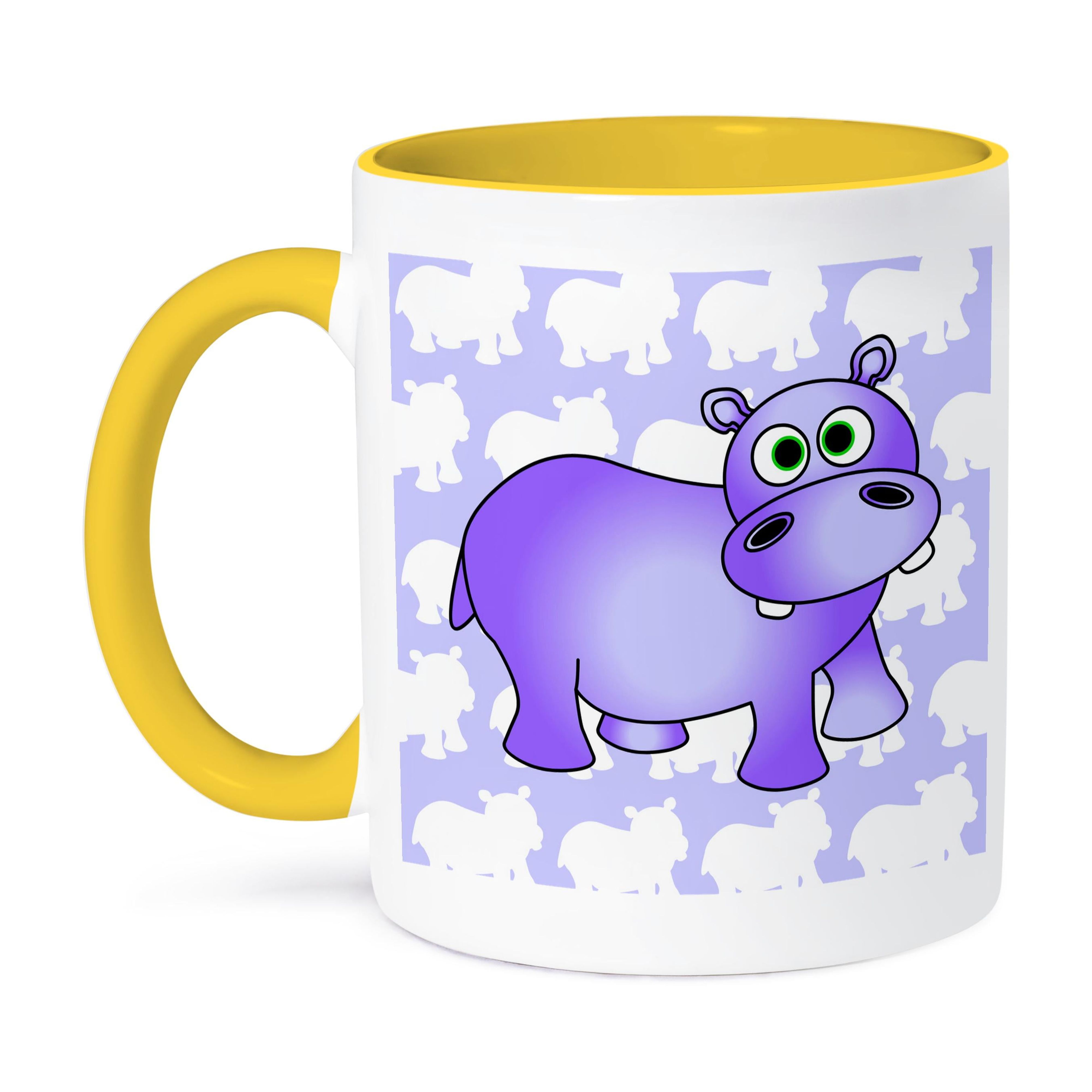 3dRose, Pretty Purple Hippopotamus Cute Hippo, 11oz Two-Tone Yellow Mug ...