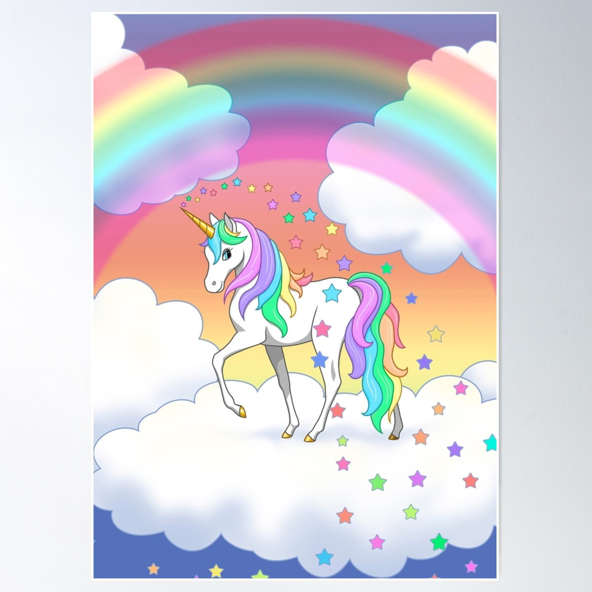 Pretty Rainbow Unicorn Clouds Colorful Falling Stars Poster Wall Art ...