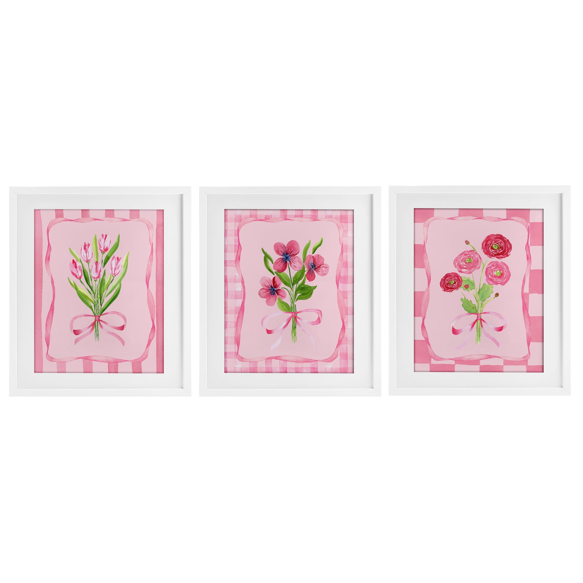 Pretty & Sweet Bordered Flowers 3 Piece White Framed Print Under Glass ...