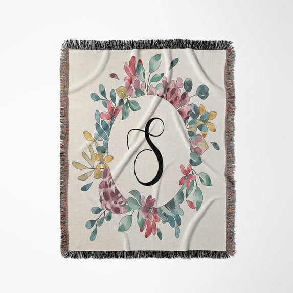 Pretty Watercolor Floral Circle Frame With A Monogram Initial S, Woven ...