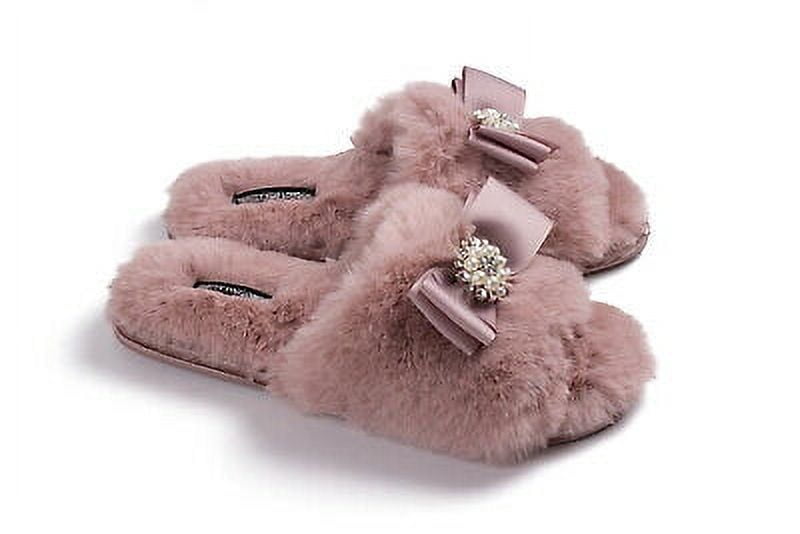 Pretty You London - Faux Fur Slide w/ Jewel & Bow Slipper - Pink ...