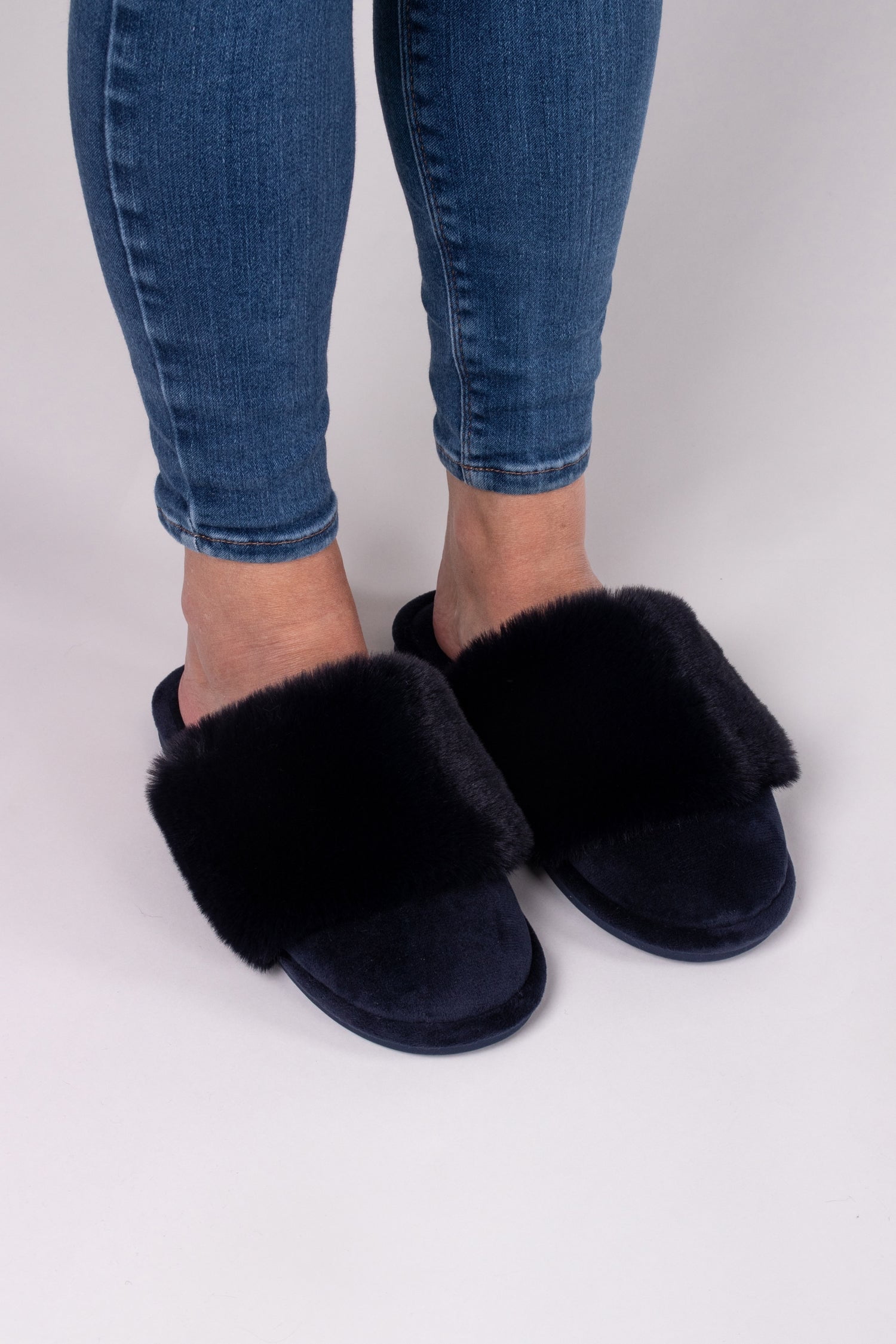 Pretty You London Women's Danni Fluffy Cuff Mule Slipper in Navy ...