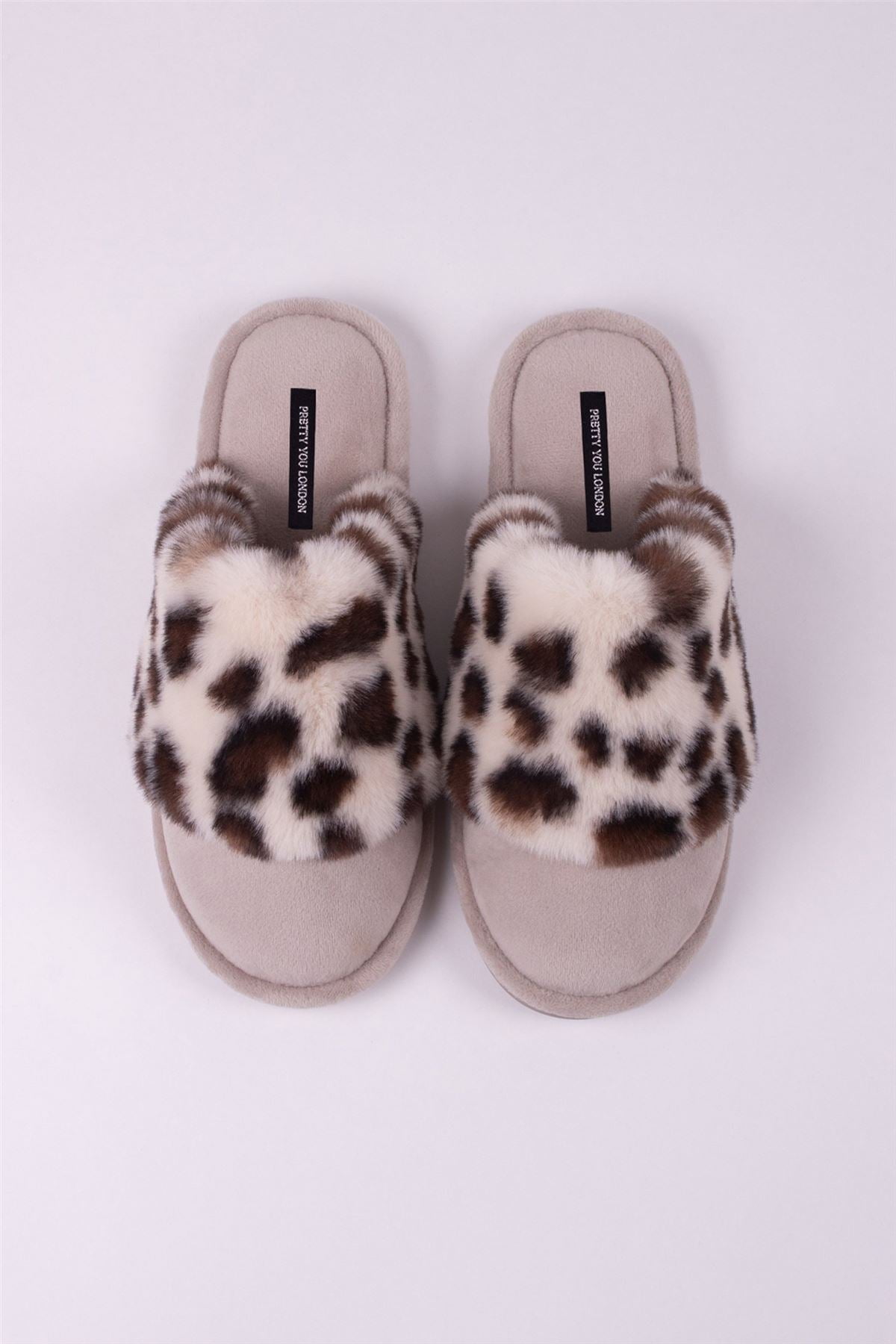 Pretty You London Women's Danni Fluffy Cuff Mule Slipper in Animal ...