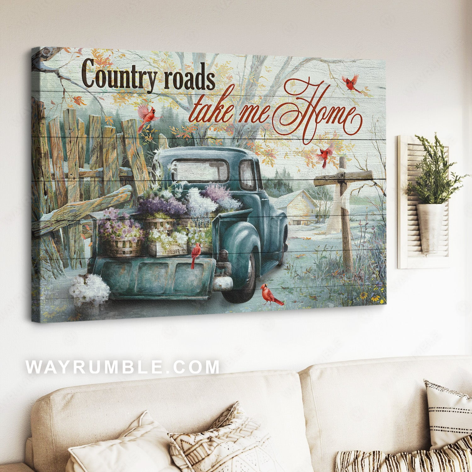 Pretty flower vase, Blue ladybug car, Red cardinal, Country roads take ...