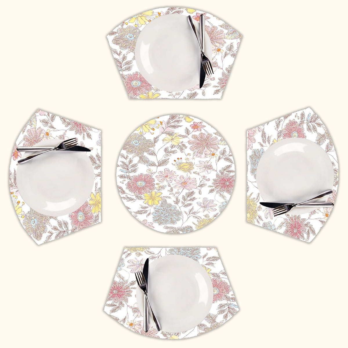 Pretty pastel floral pattern Round Table Placemats Set Of 5 Wedge Table ...