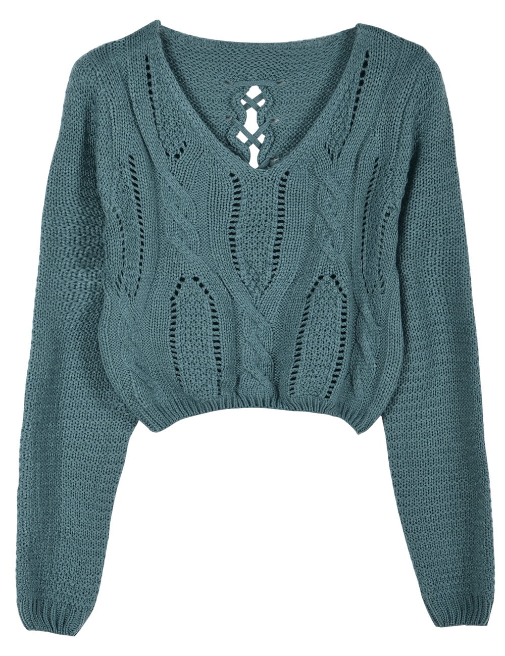 PrettyGuide Women's Cropped Sweater Long Sleeve Eyelet Cable Lace Up ...