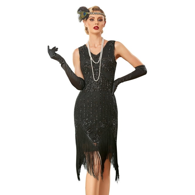 PrettyGuide Women's Great Gatsby Dress V Neck Sequin Beaded Long Fringe ...