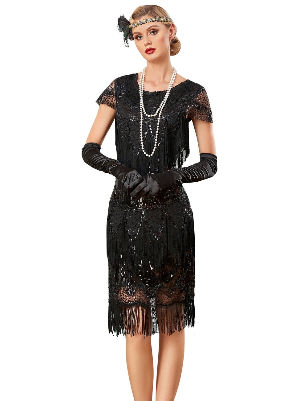 PrettyGuide Womens Flapper Dress with Sleeves Art Deco Sequin Beaded ...