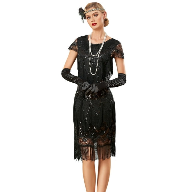 PrettyGuide Womens Flapper Dress with Sleeves Art Deco Sequin Beaded ...