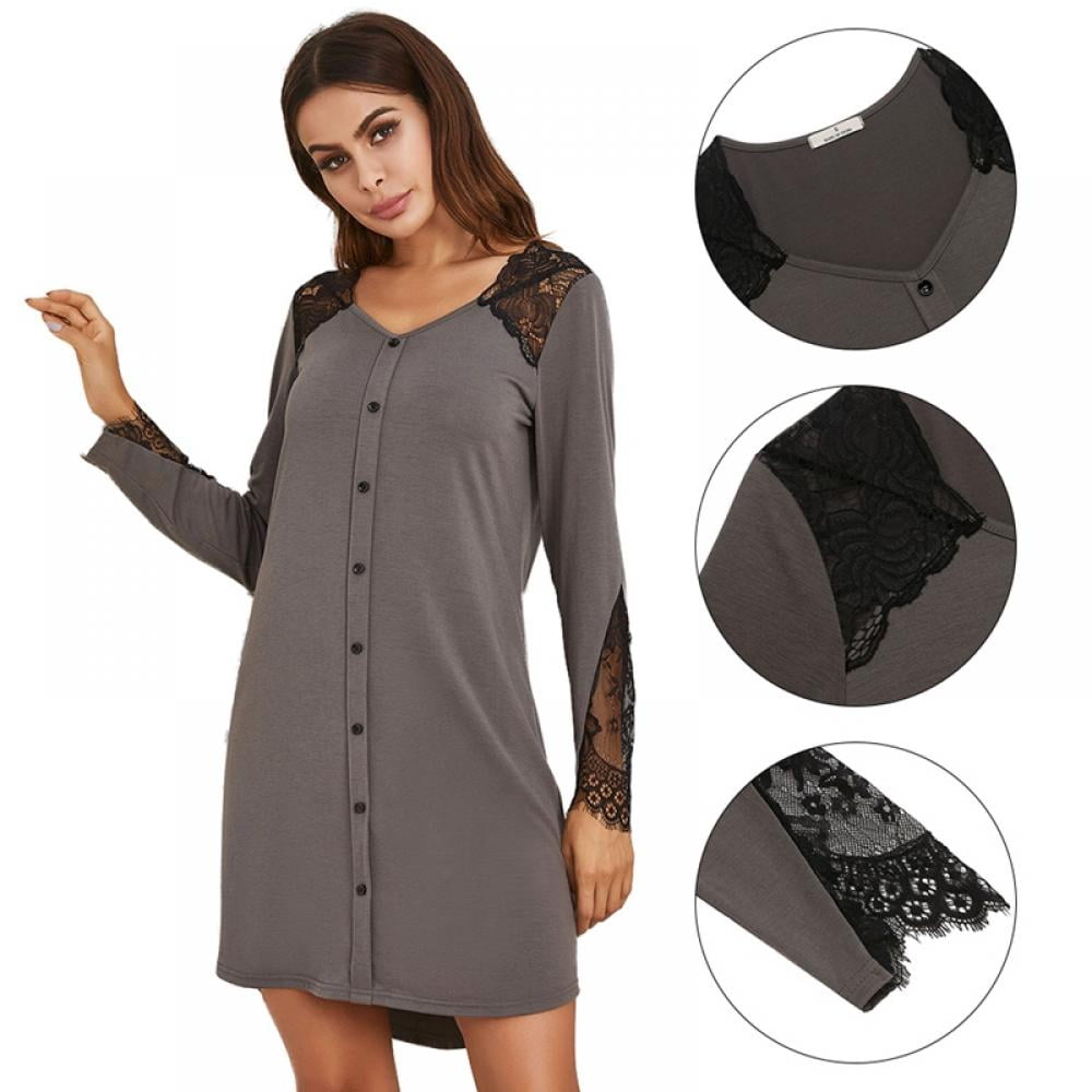 Prettyui Women's Plus Size Lace Nightgown Long-Sleeve Sleepshirts ...