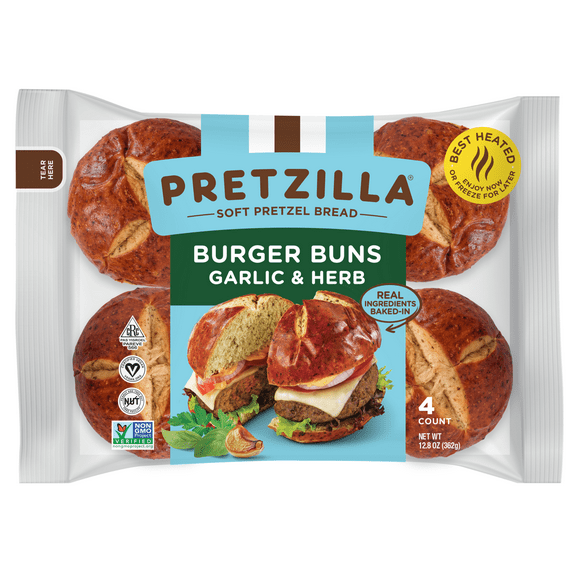 Pretzilla Soft Pretzel Buns, Garlic & Herb, 4 pk, 12.8oz - Walmart.com