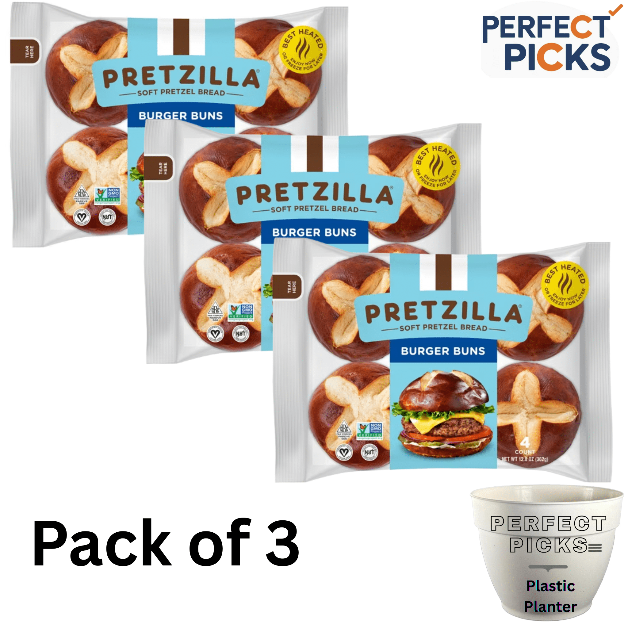 Pretzilla Soft Pretzel Burger Buns, Non-GMO, 12.8 oz, Shelf-stable, 4 ...