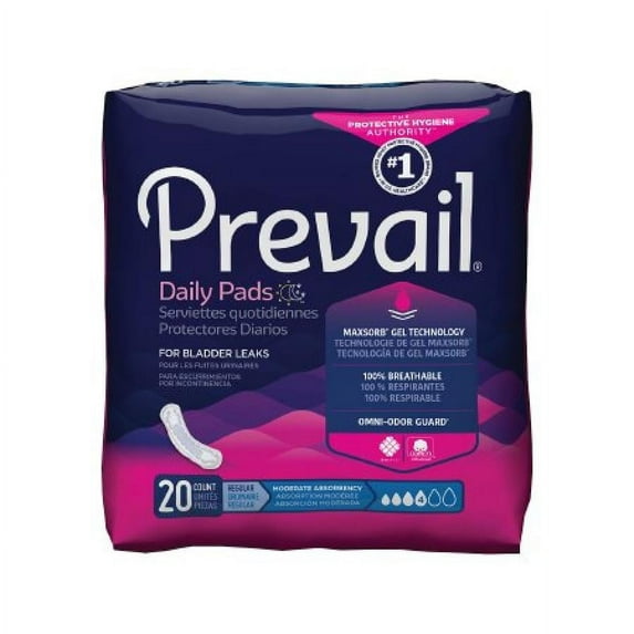 Prevail Daily Pads - 9-1/4 inch, Moderate Absorbency, Female Leak Protection, Pack of 20 ...