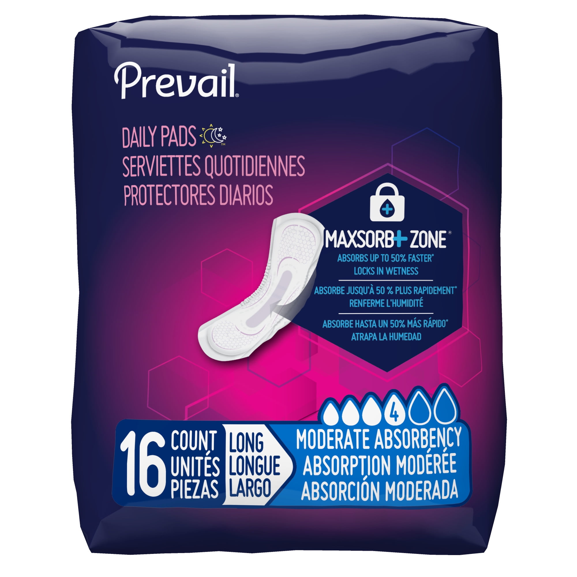 Prevail Incontinence Bladder Control Pads, Long, Moderate Absorbency ...