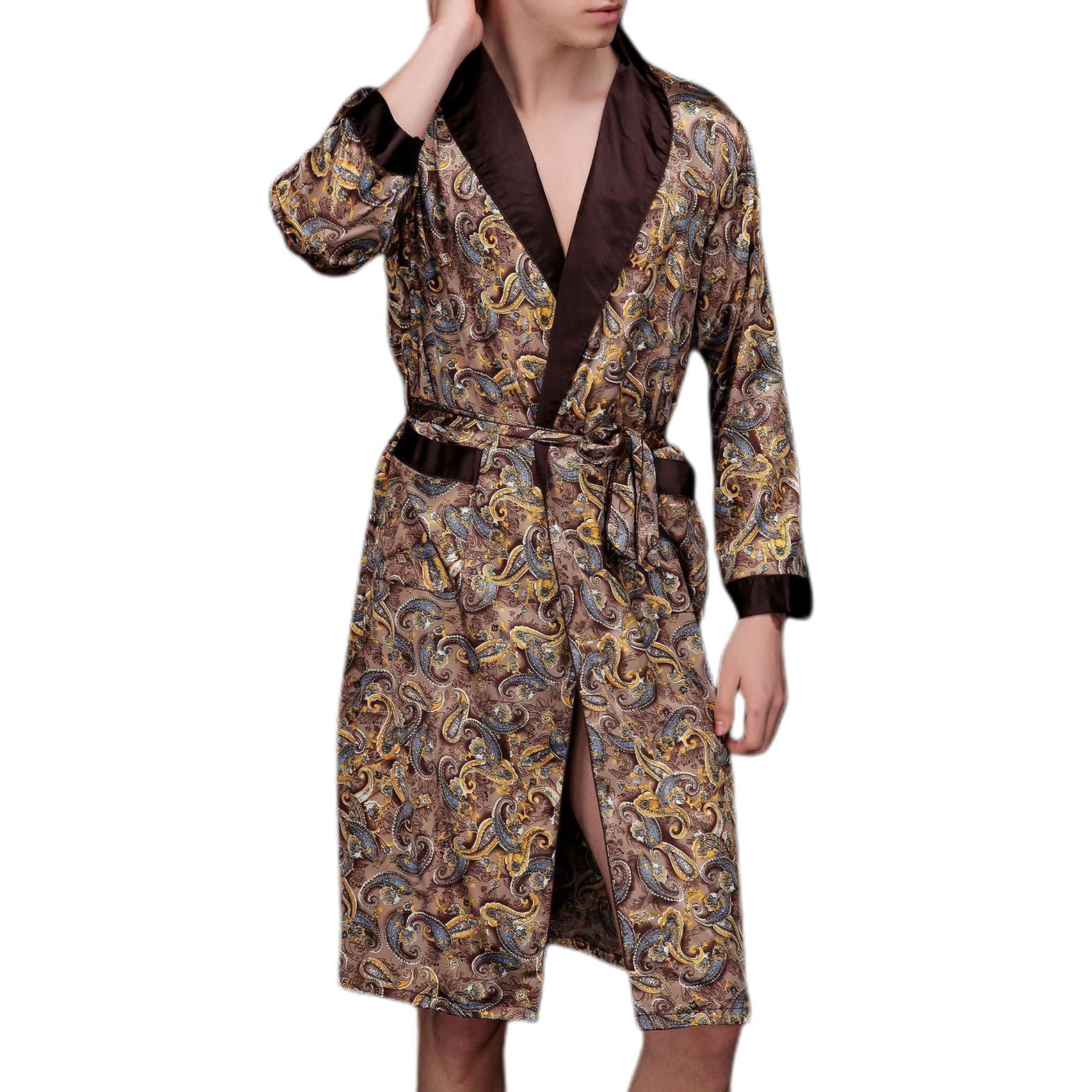 Previn Men's Long Sleeve Robe Satin Bathrobe Printed Spa Robes Comfy ...