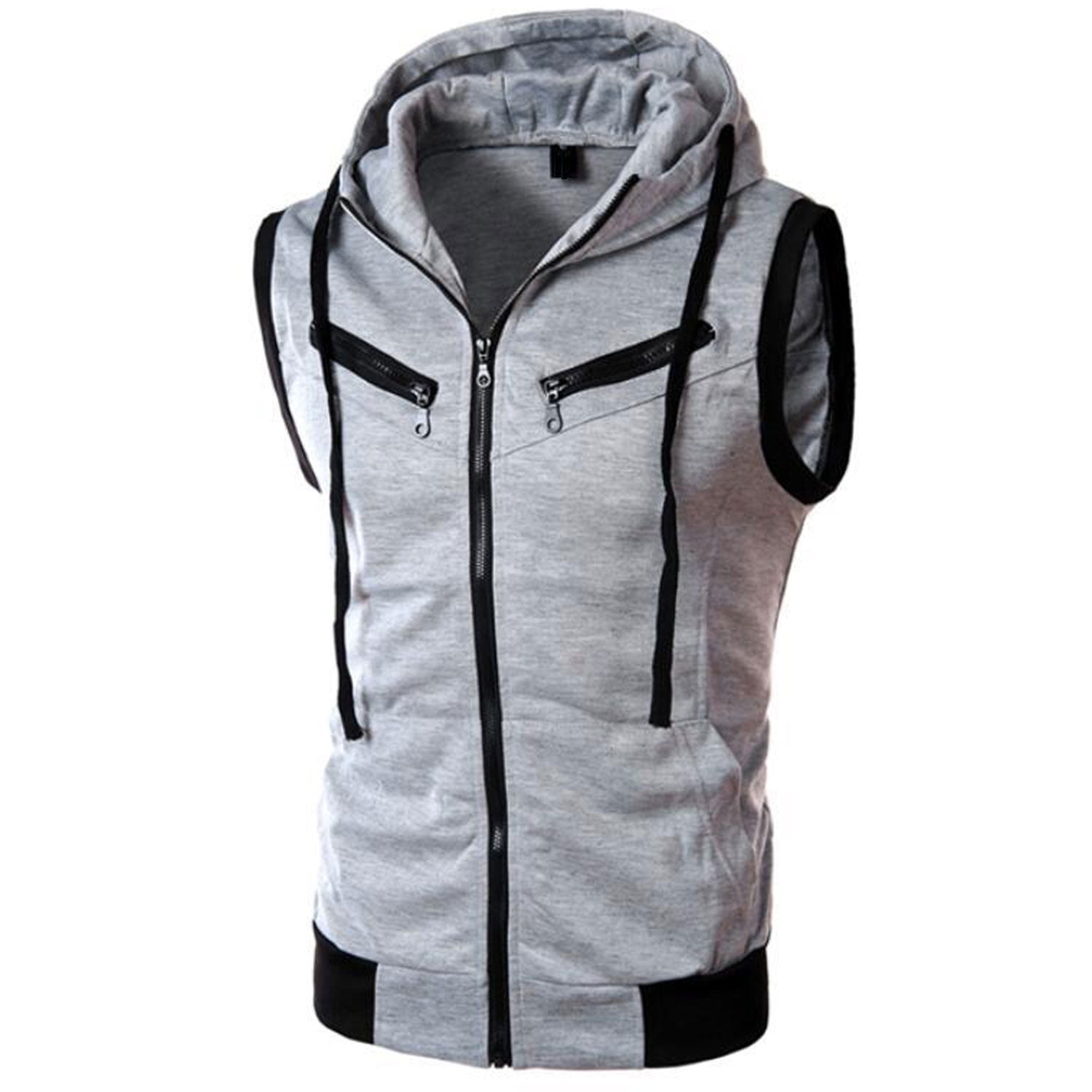 Previn Men's Sleeveless Hoodie Casual Slim Fit Zip Up Drawstring Plain ...