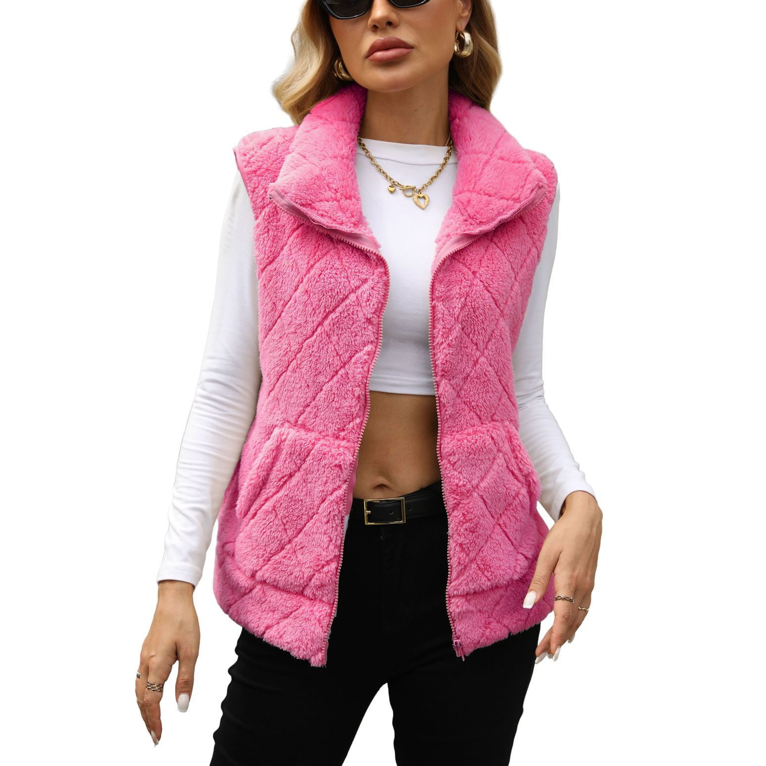 Previn Women's Winter Fuzzy Outwear Vest Cute Fleece Plush Zip Fashion ...