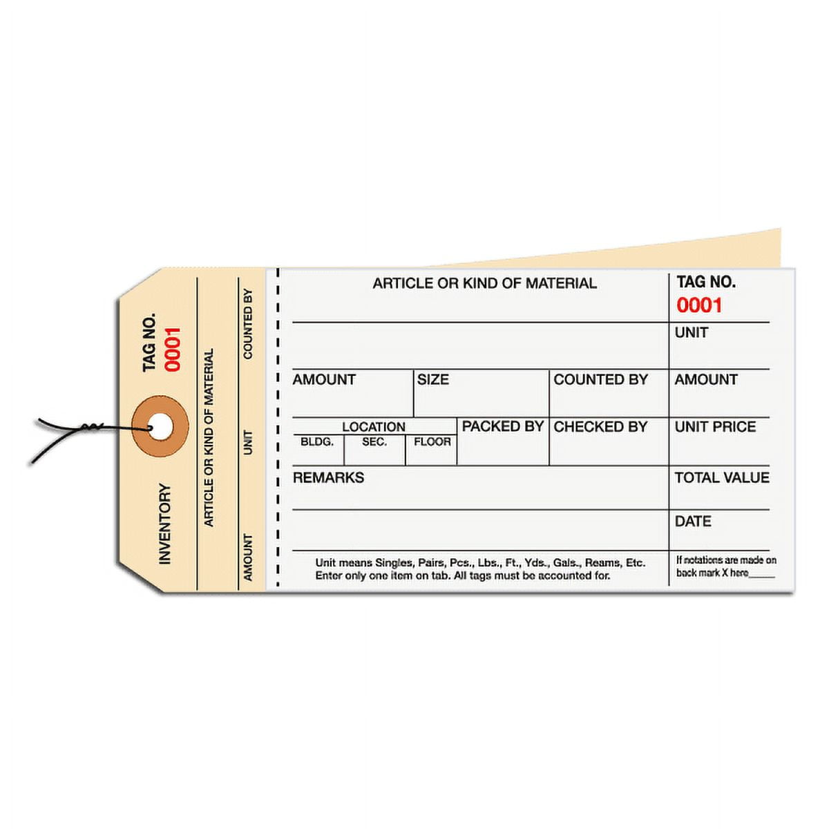 Prewired Manila Inventory Tags, 2-Part Carbonless Stub Style, 1000-1499 ...