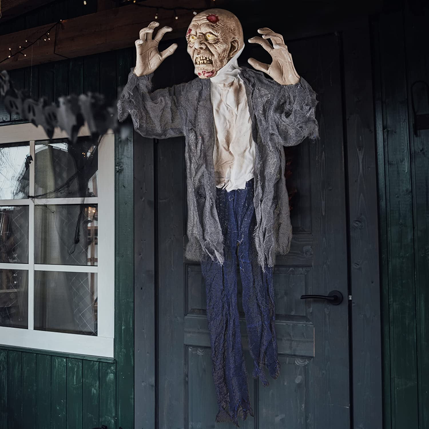 Prextex Groundbreaker Life Size Posable Halloween Zombie In Navy Robe Outdoor Decoration Prop