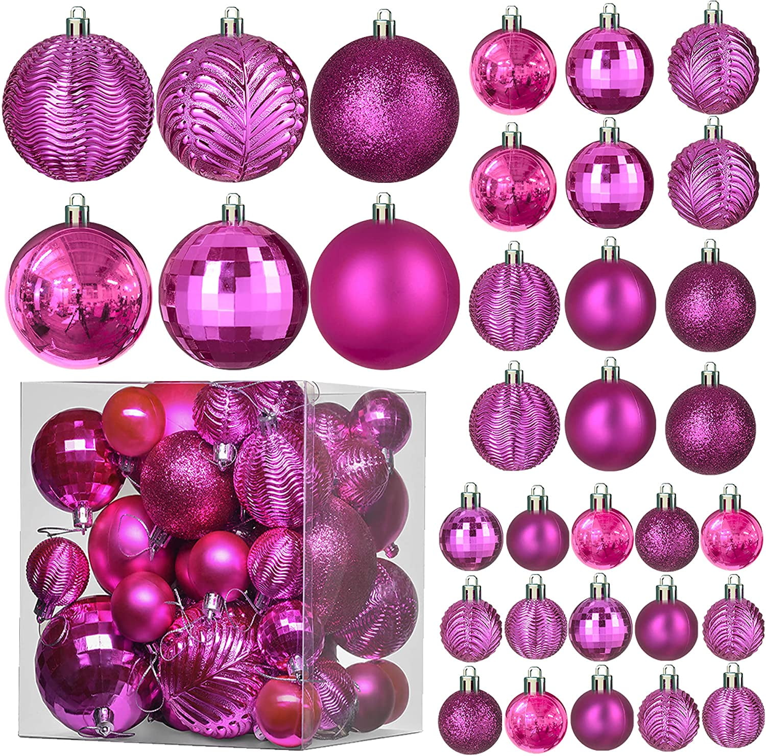 Prextex Fuchsia Xmas Ball Ornaments - 36 Shatterproof Pieces (6 Styles ...