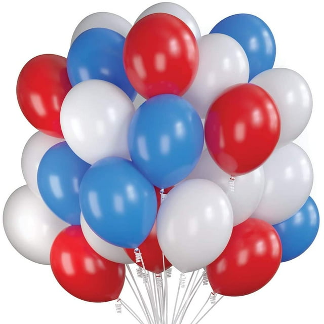 Prextex 75 Balloon Kit, 12 Inch USA Theme, Red, Blue, White with Ribbon ...