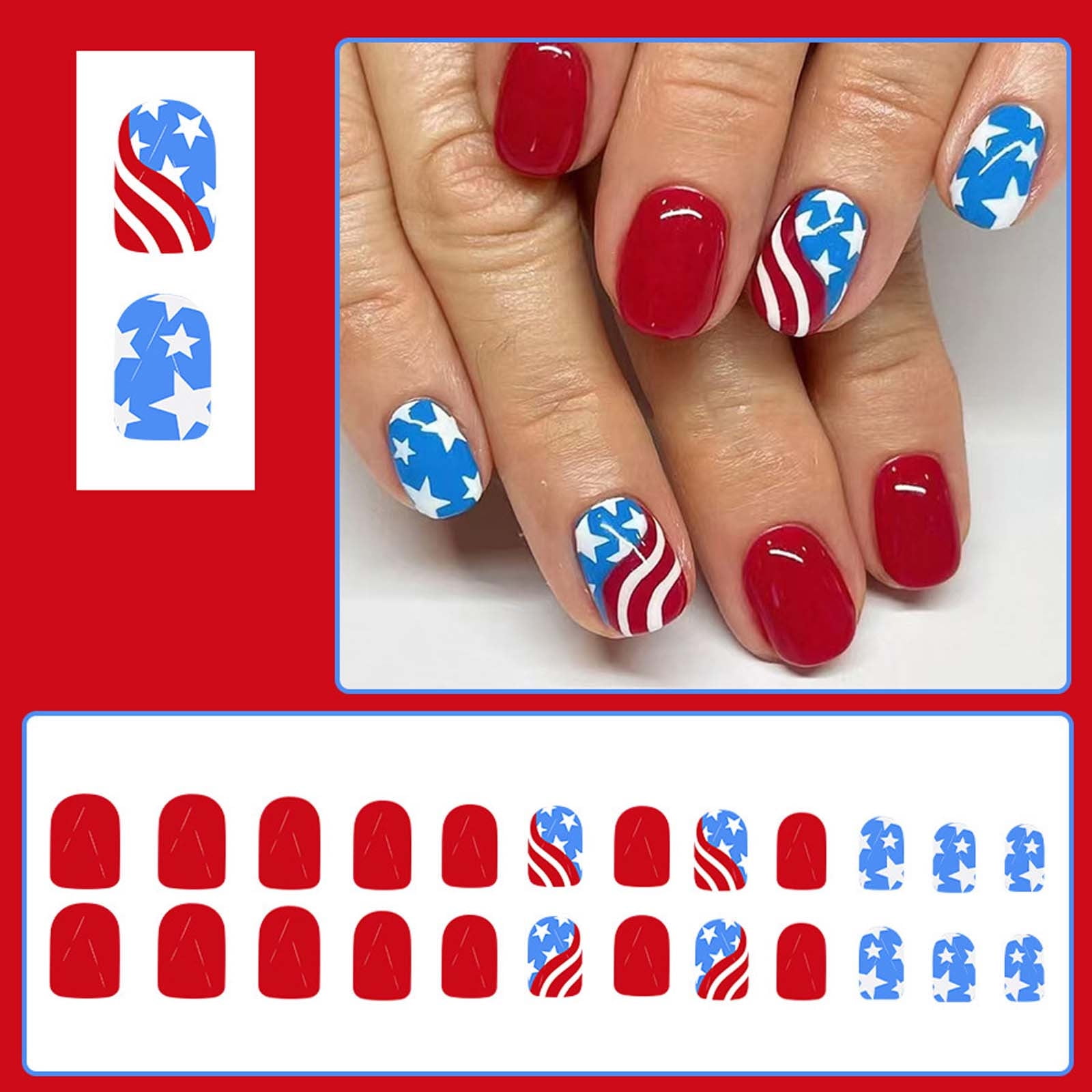 Price Drop! Short Glossy Independence Day Nail Stickers, Irregular Glitter Lines, 24pcs ...