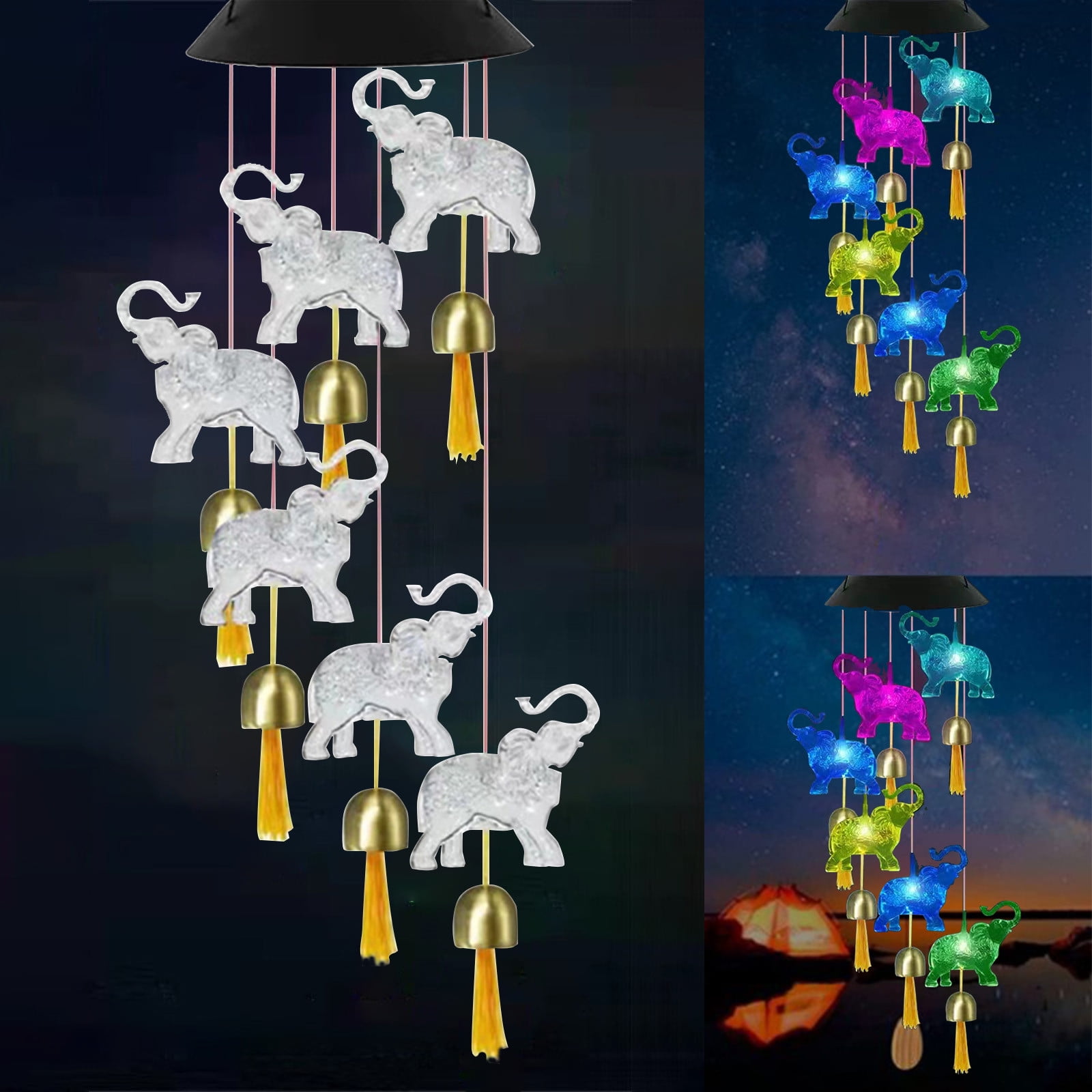 Solar Elephant Wind Chimes Lights, Outdoor Garden Decor, Gift for Mom ...