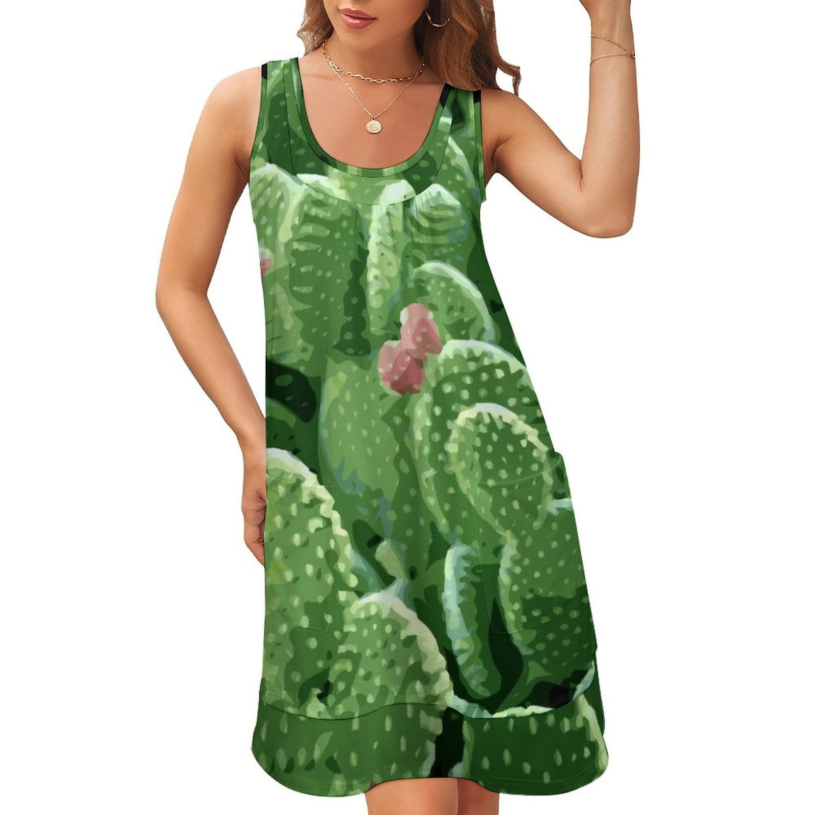 Prickly Pear Cactus With Fruit Sleeveless U-Neck Fake Two Piece Dress ...