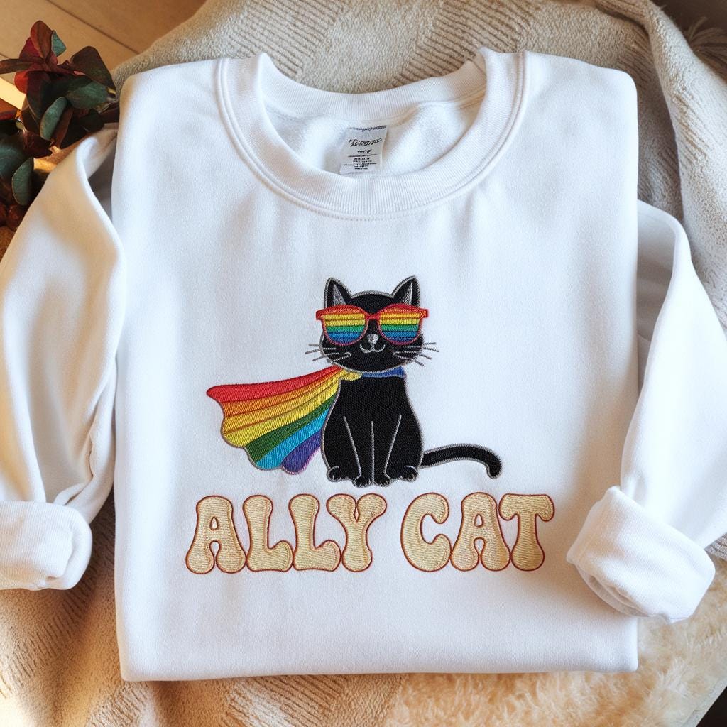 Pride Ally Cat Embroidered Sweatshirt, Rainbow Colors Cat Ally Shirt ...